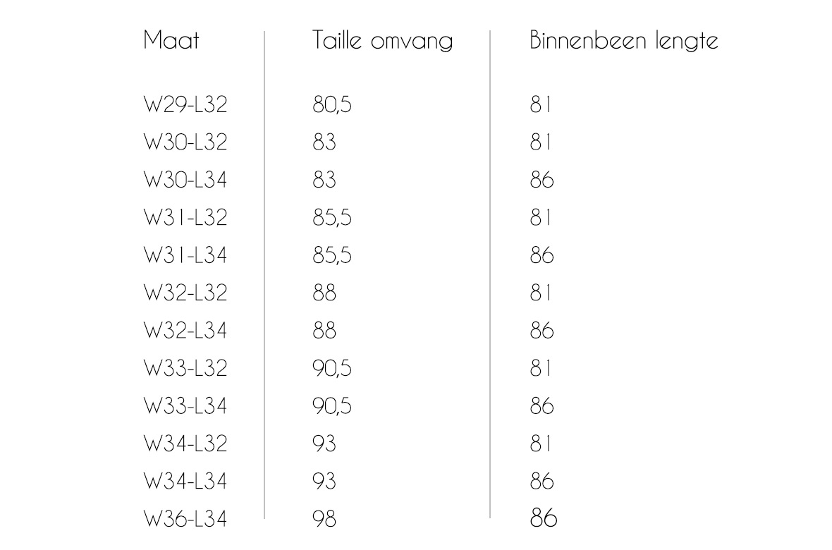 Maattabellen | Sissy-Boy